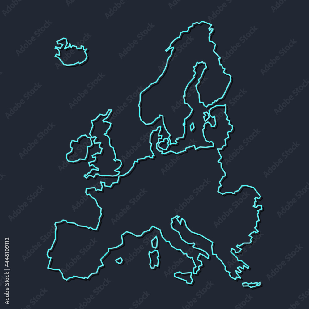 Outline of the map of Europe. Blue outline with shadow on a dark ...