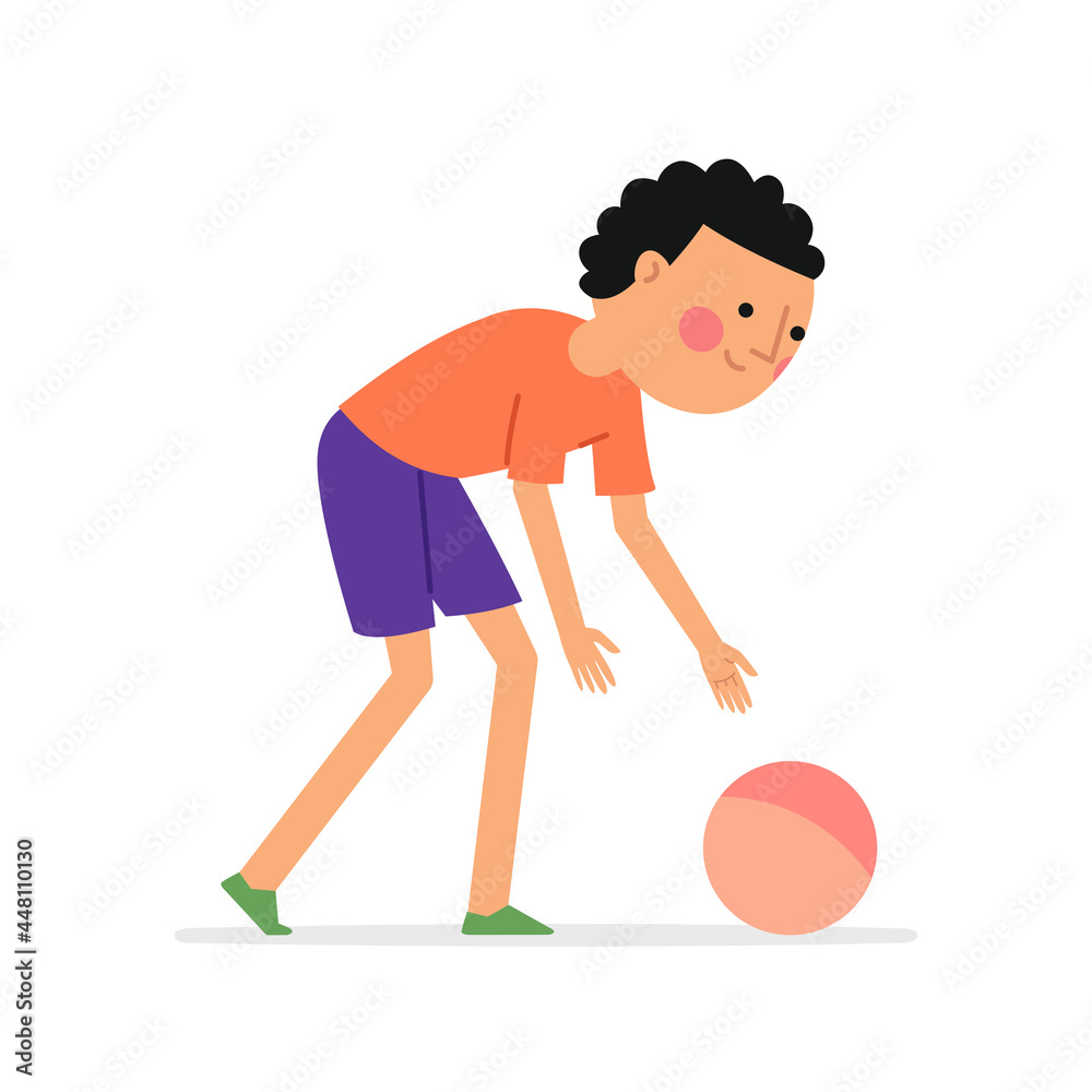 Cute caucasian boy leans over to a ball. Flat style smiling male kid ...