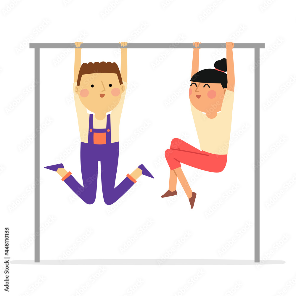 Happy children hanging on a horizontal bar vector illustration. Cute ...