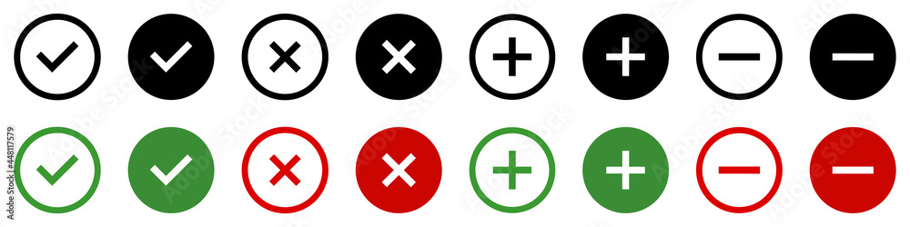 Set of plus, minus, check mark and close buttons. Approved ...