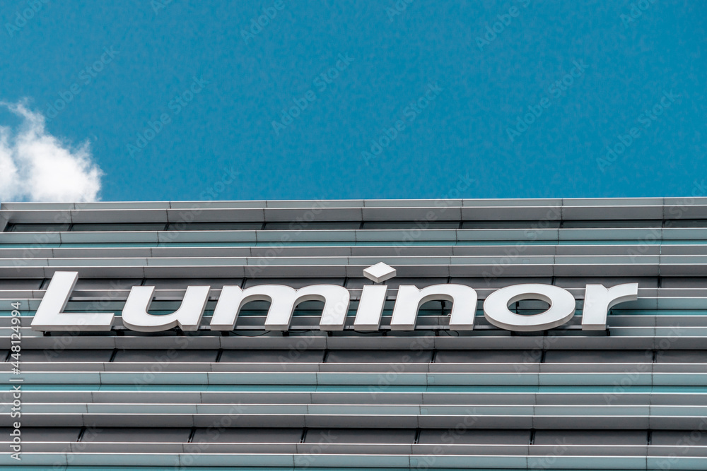 Luminor logo on Luminor head office building on 30 May 2021 in Vilnius ...