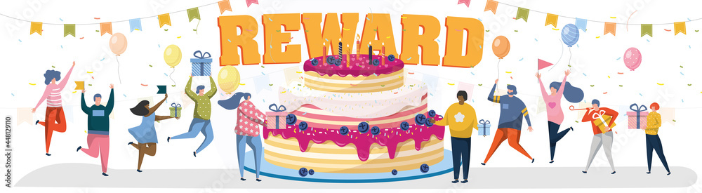 Reward cake and happy people congratulating winner poster. Birthday ...