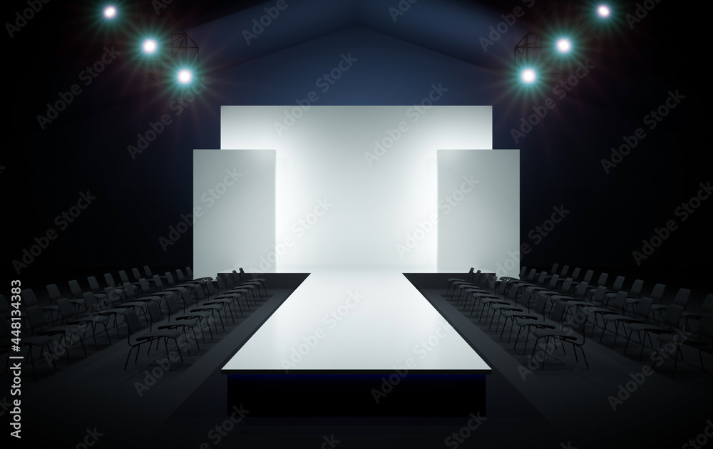 Podium for showing fashion models. Blank white stripe backlit for ...
