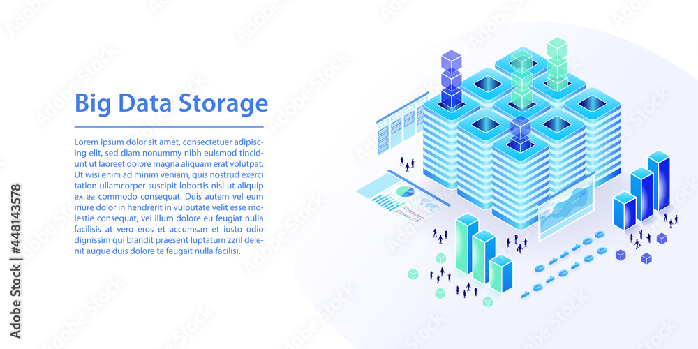 Big data storage concept with cloud data center. 3d isometric vector ...