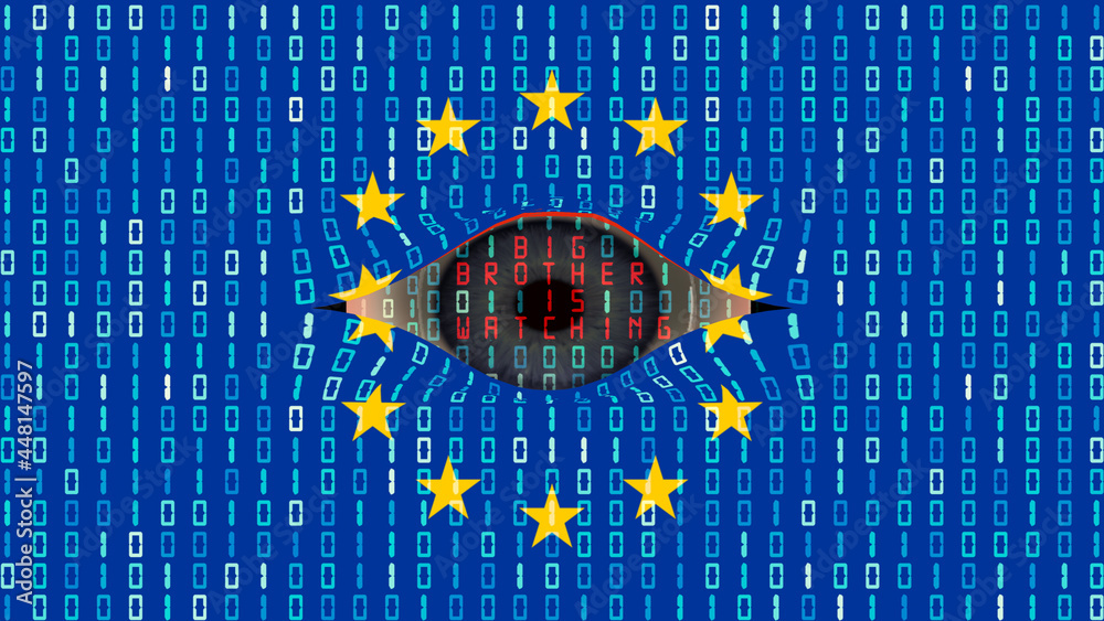 European Union flag with binary data and big brother data surveillance ...