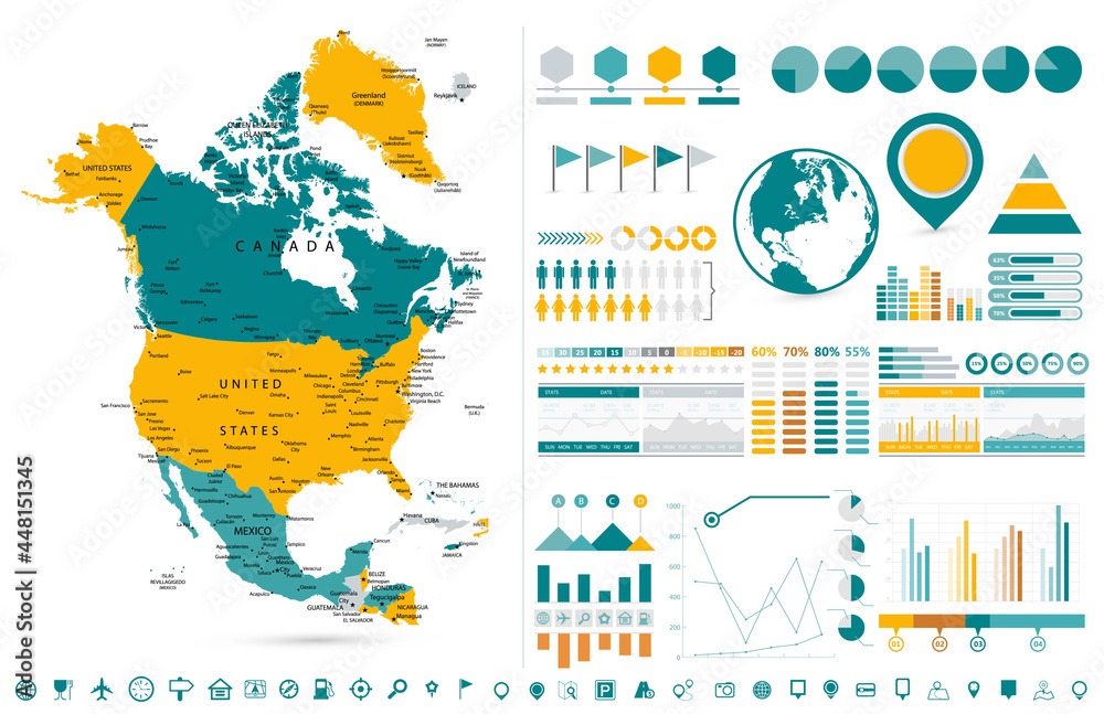 North America Map and Infographics design elements Stock Vector | Adobe ...