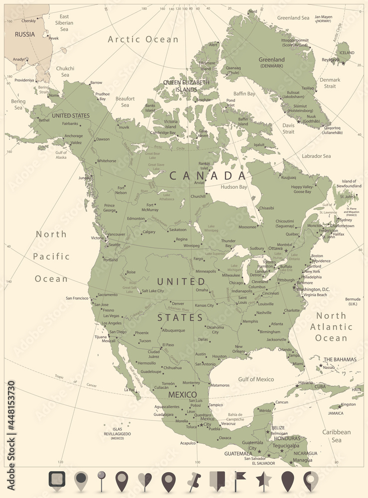 North America Map Olive Color and flat map icons Stock Vector | Adobe Stock