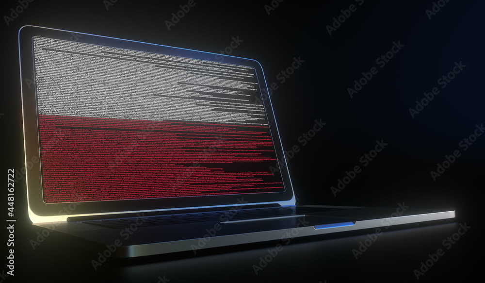 Flag of Poland made with computer code on the laptop screen. Hacking or ...