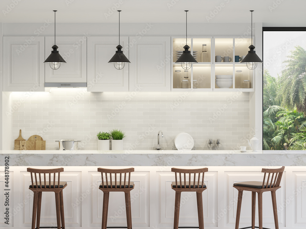 Luxury white kitchen counter 3d render, decorated with wooden stool and ...