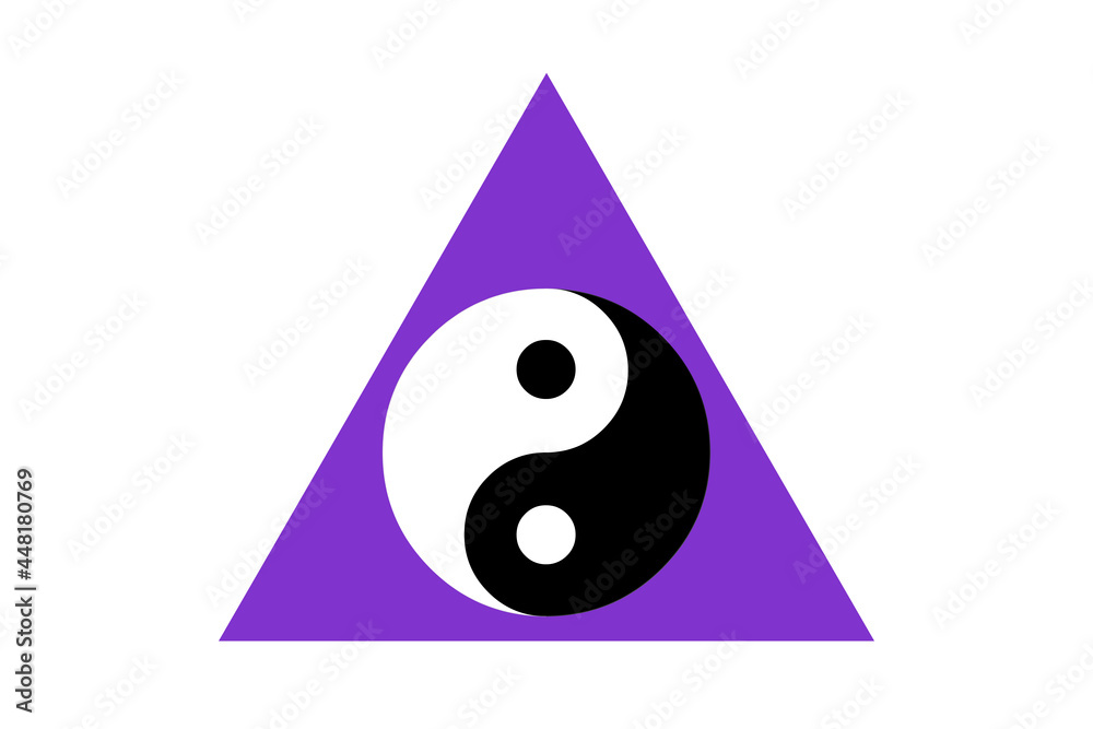 Yin and yang symbol in purple triangle. White background. Color is even ...