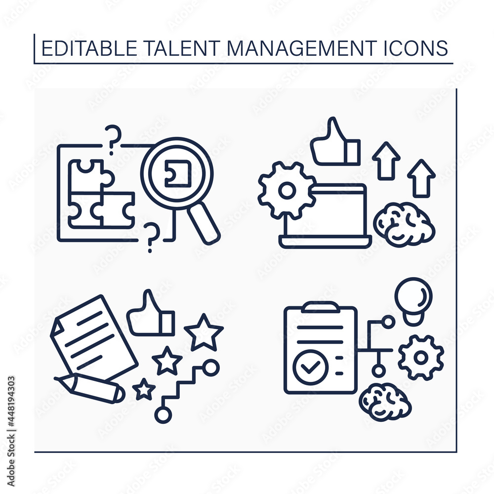Talent management line icons set. Skill gap analysis, employee ...