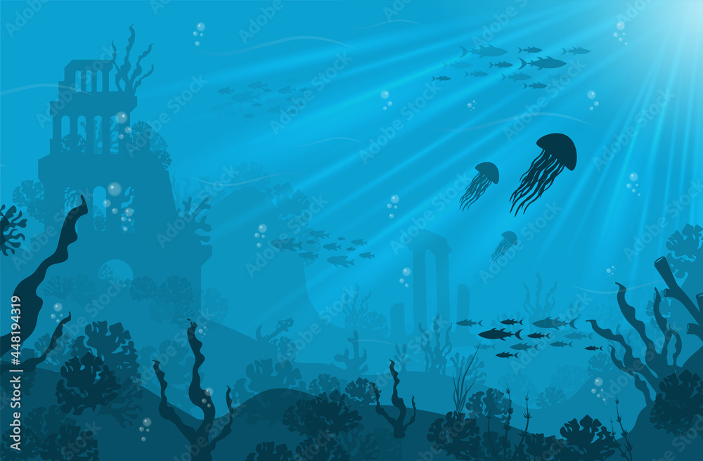 Underwater background with various sea views. Underwater scene. Cute ...