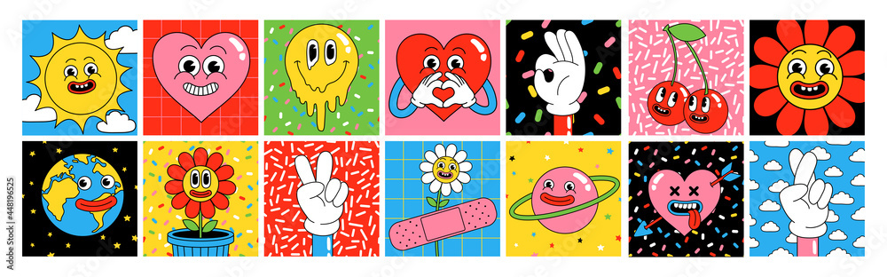 Funny cartoon characters. Square posters, sticker pack. Vector ...
