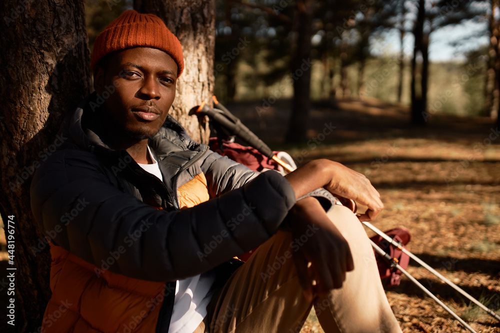 Black man took pause to enjoy landscape, camping on fresh air in forest ...