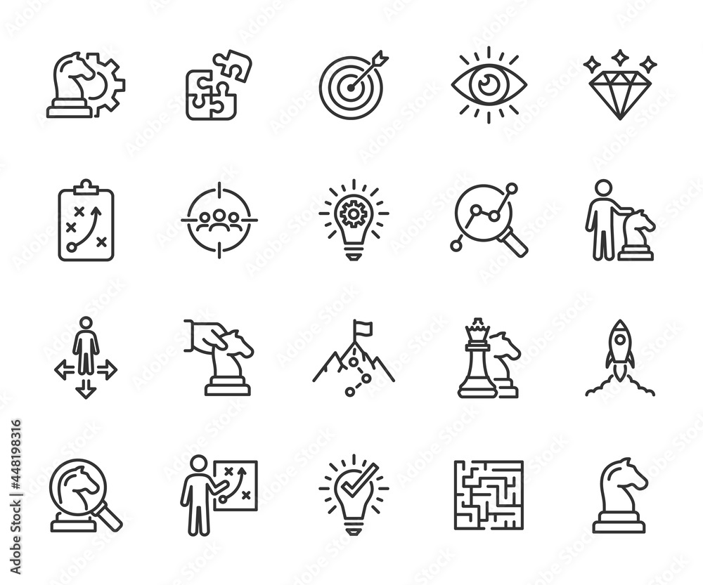 Vector set of business strategy line icons. Contains icons tactic, plan ...