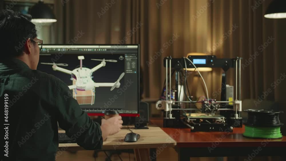 Video Stock Back View Of Asian Engineer Drinking Coffee While Work On ...