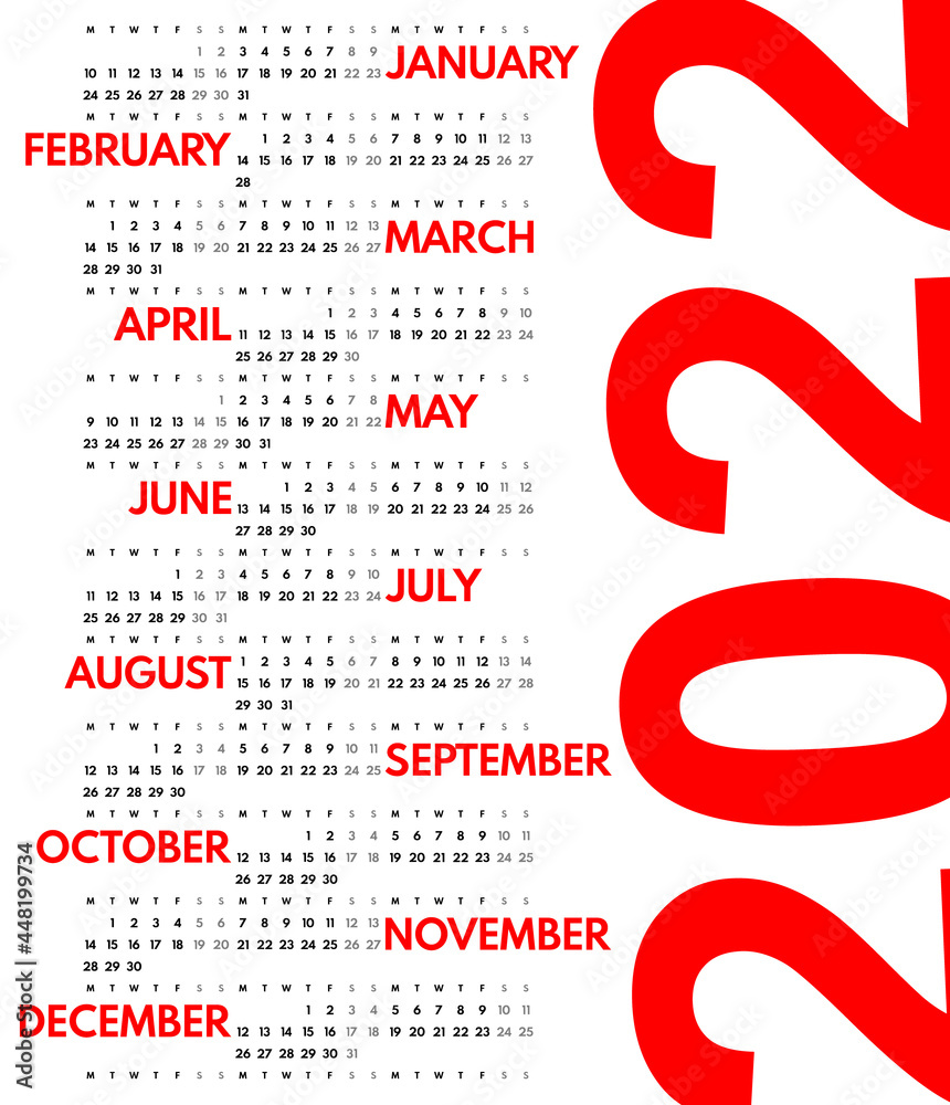 2022 vertical full year calendar layout, printable vector template ...