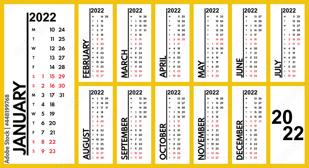 Poster 2022 vertical narrow monthly full year calendar layout ...