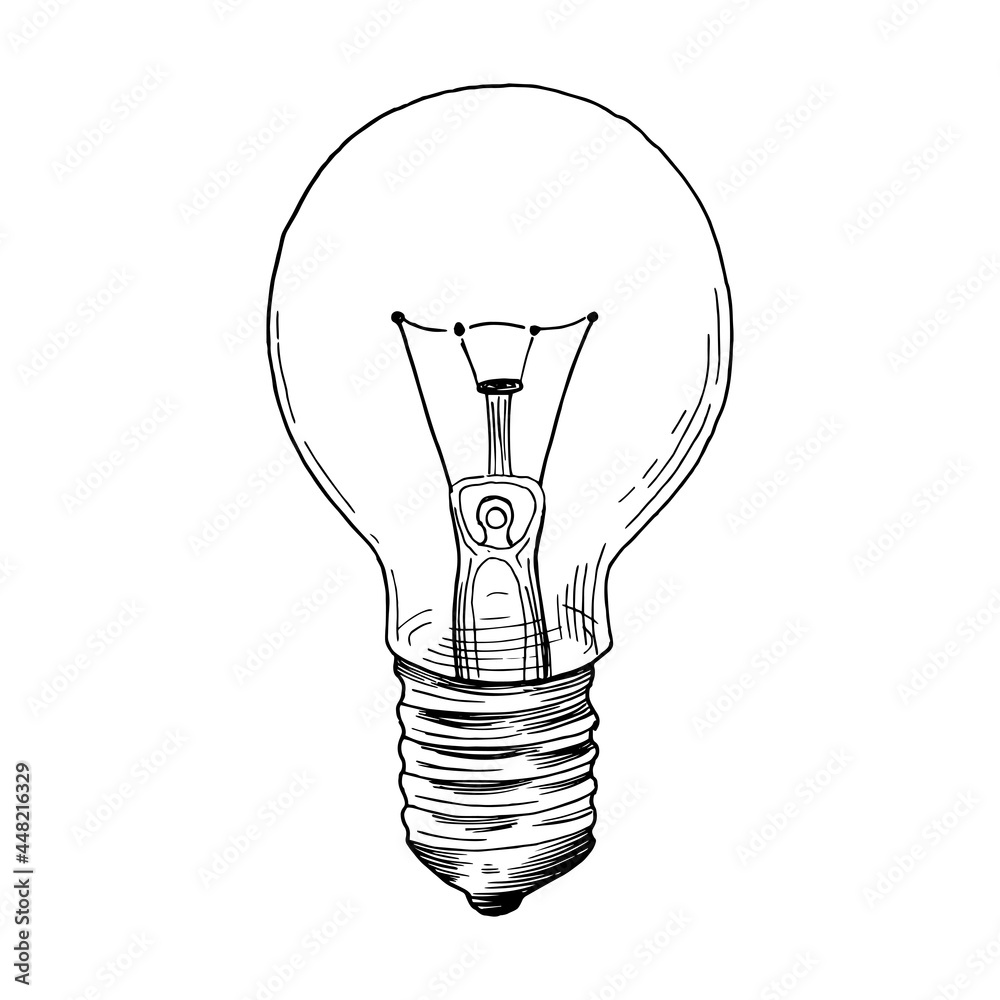Light Bulb. Line art hand-drawn sketch. Vector illustration, isolated ...