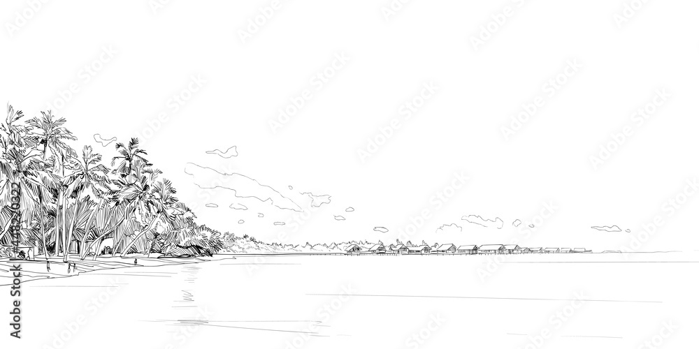 Maldive island sketch. Beautiful tropical sea shore. Resort. Sandy ...