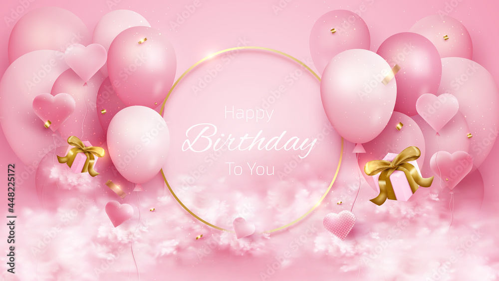 Happy birthday card with balloons and gold ribbon, gift box, heart ...