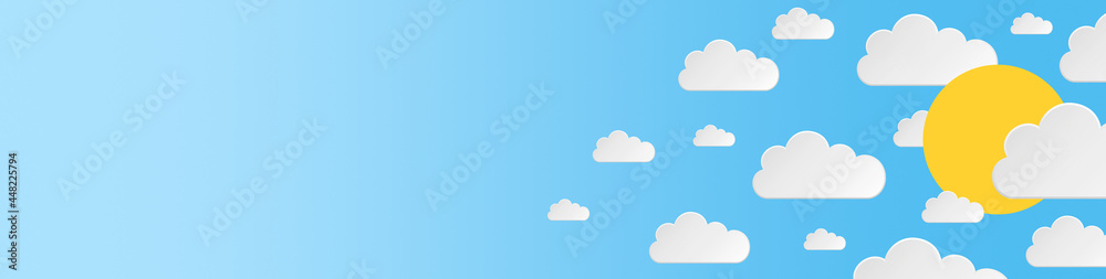 blue sky with white clouds and sun background banner. paper art style ...