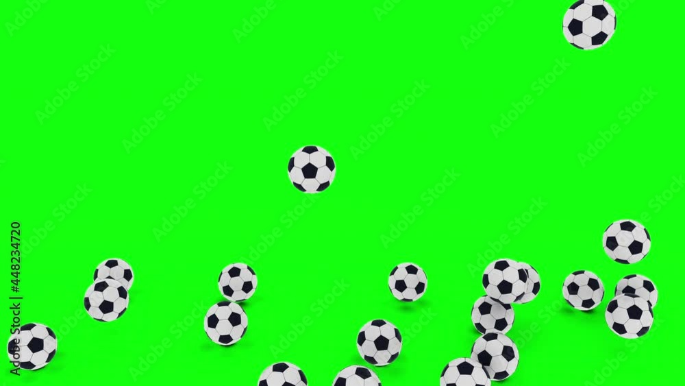 Pile of 3d soccer balls fall and bounce on the floor over green screen ...