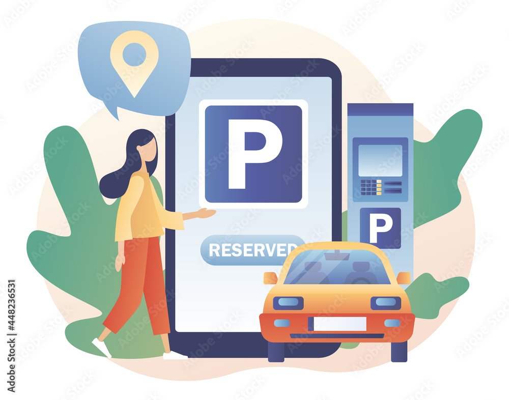 Parking smartphone app. Tiny woman looking for parking lot for park ...