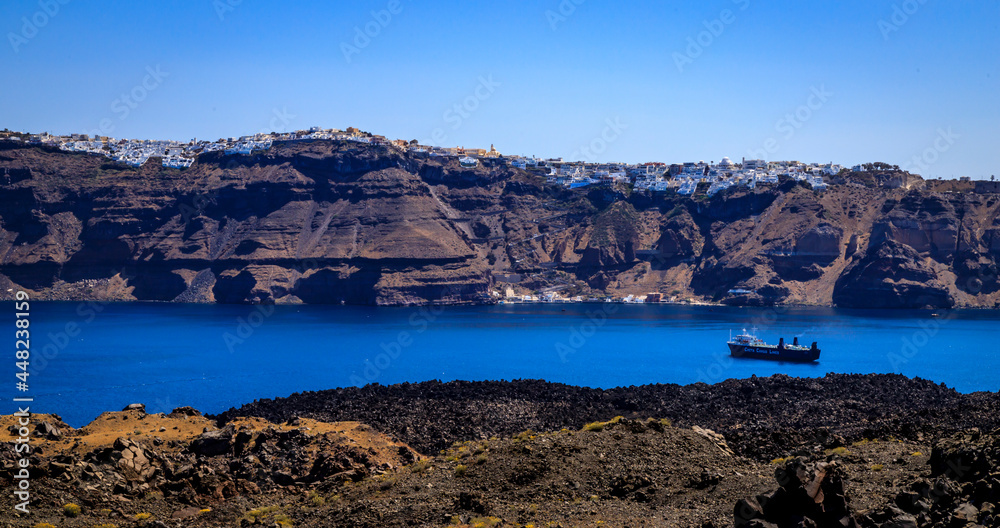 Views from volcano island Nea Kameni. Santorini - officially Thira and ...