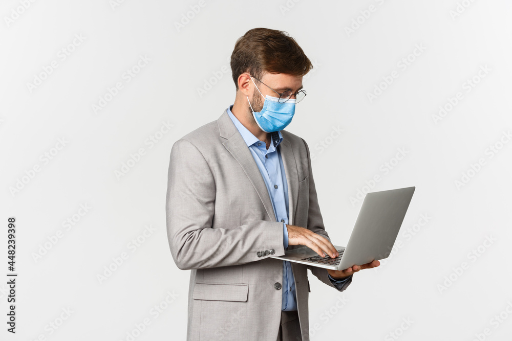 Concept of work, covid-19 and social distancing. Image of working ...