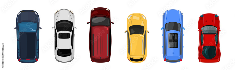 Cars top view isolated on white background. City vehicle transport ...