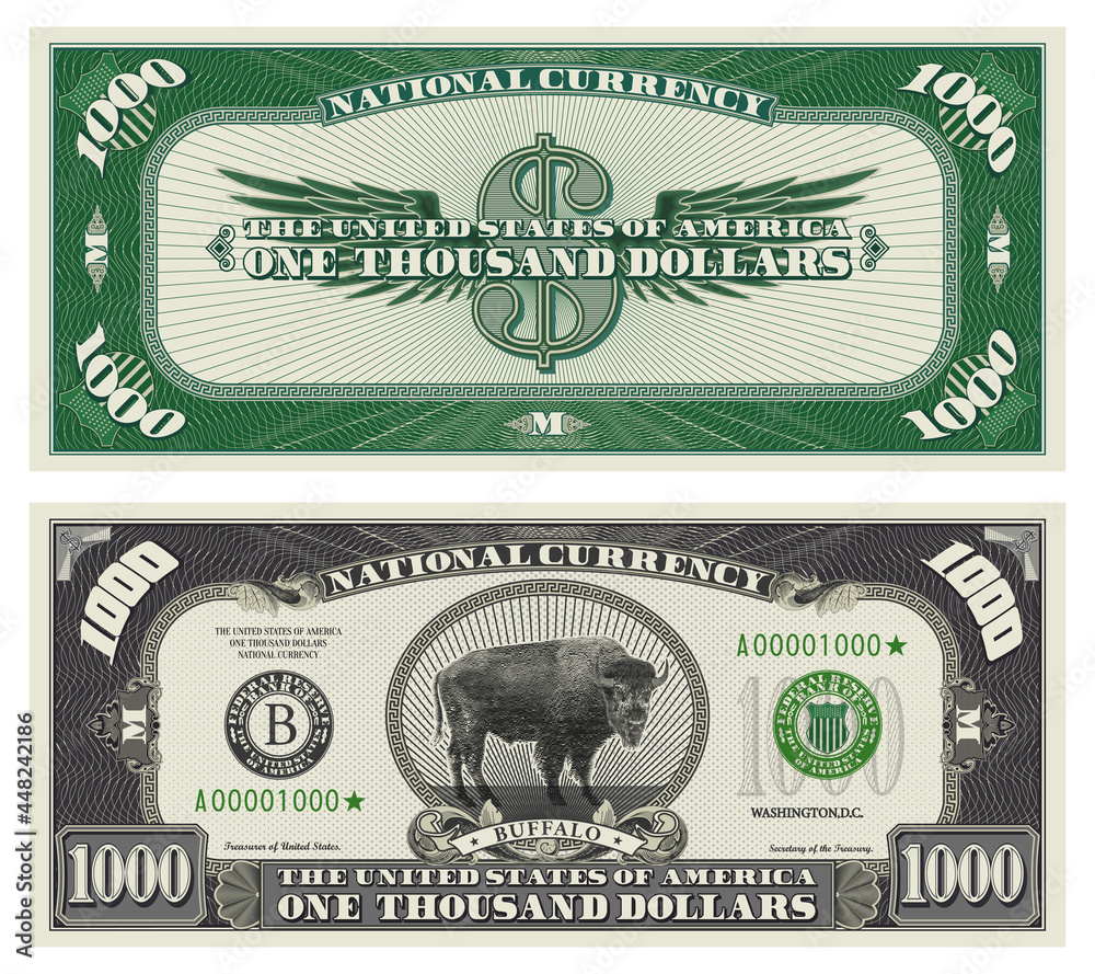 Obverse and reverse of a 1000 dollar banknote with shield and wings ...