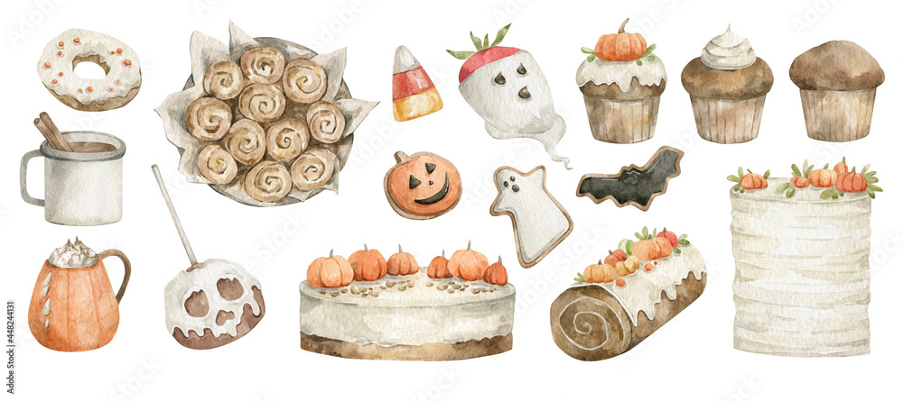 Watercolor set with autumn food, Halloween and Thanksgiving sweets ...