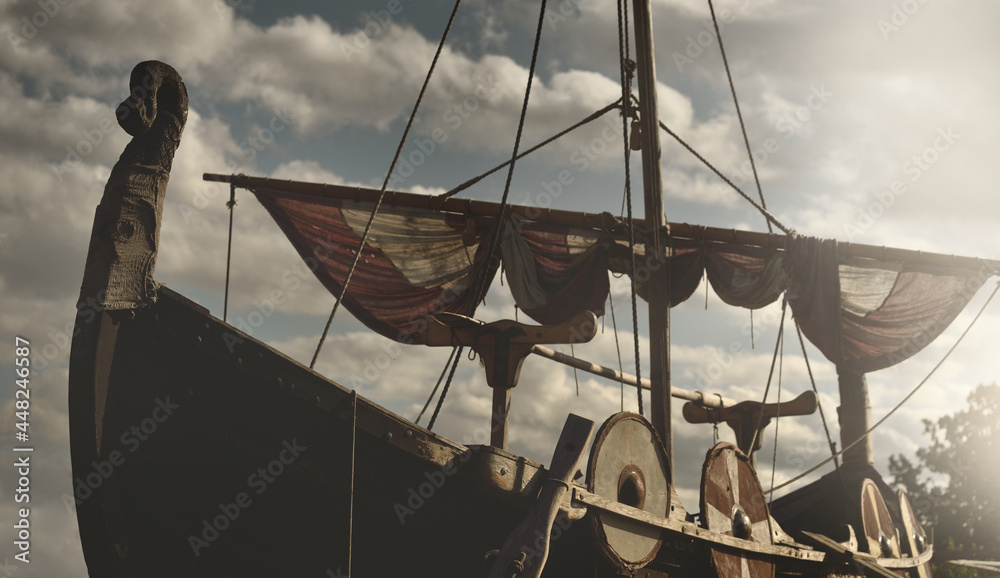 Old wooden viking snekkja longship type, close-up. Nautical vessel ...