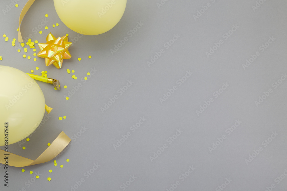 Happy birthday background, Flat lay party decoration on pastel grey ...
