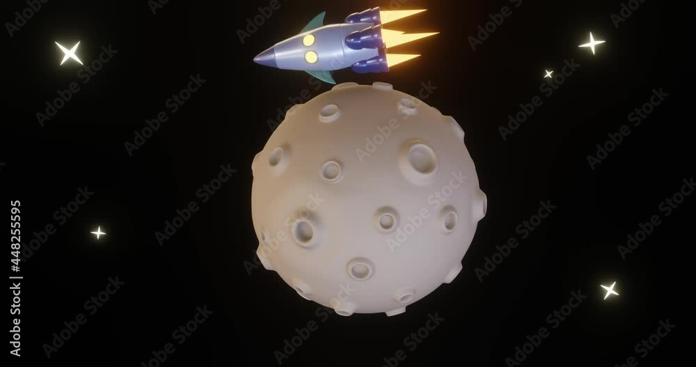 Looped animation, spaceship flying through space rotating around a moon ...