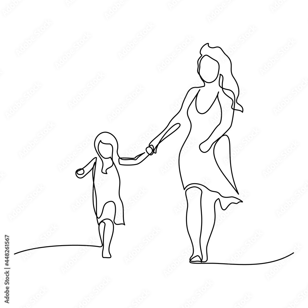 Vecteur Stock Happy mom with her female child in continuous line art ...
