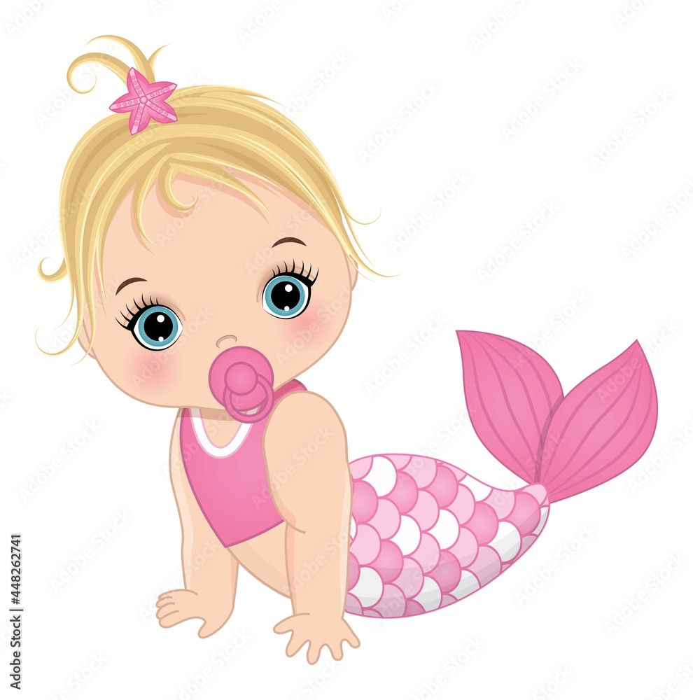 Cute Little Baby Mermaid with Pink Fishtail. Vector Baby Mermaid Stock ...