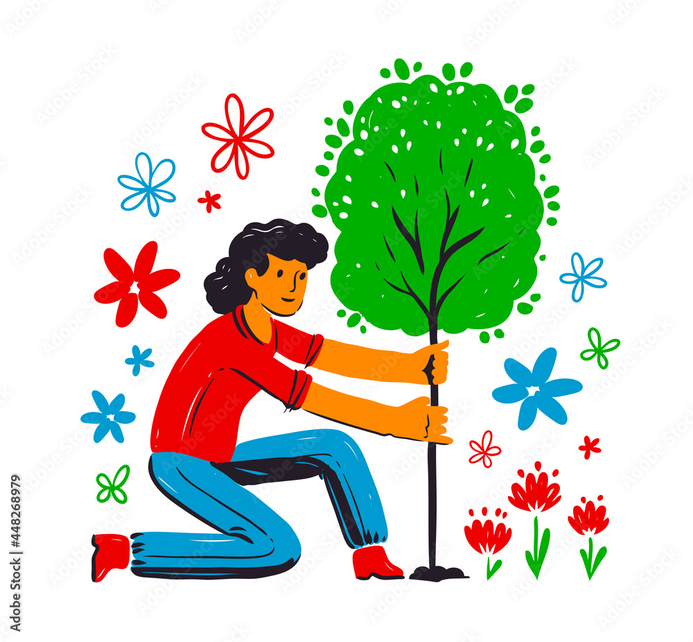 Human planting tree. Environment care, ecological issues, saving nature ...