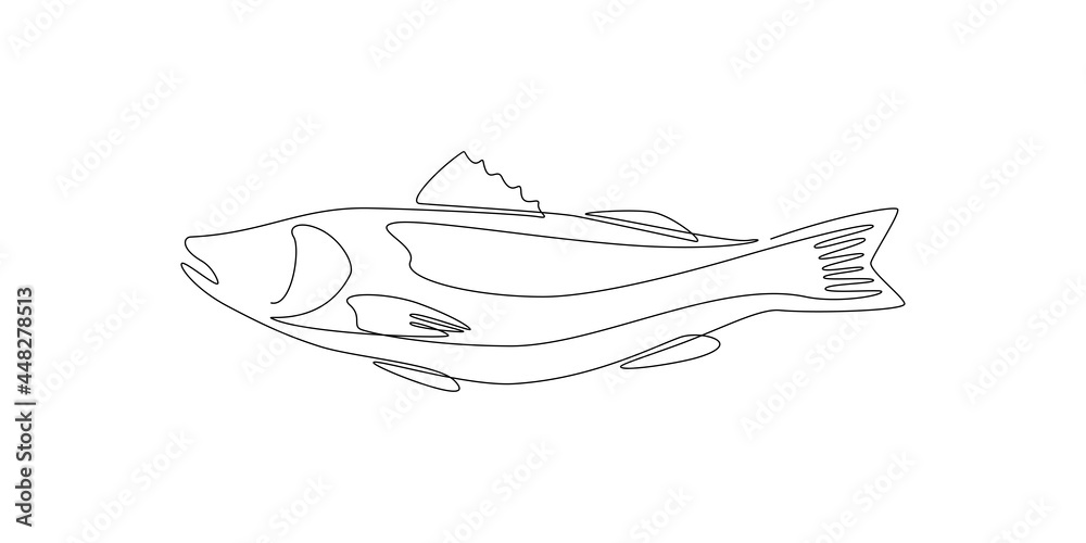 Salmon fish in one continuous line drawing. Wild trout in linear sketch ...
