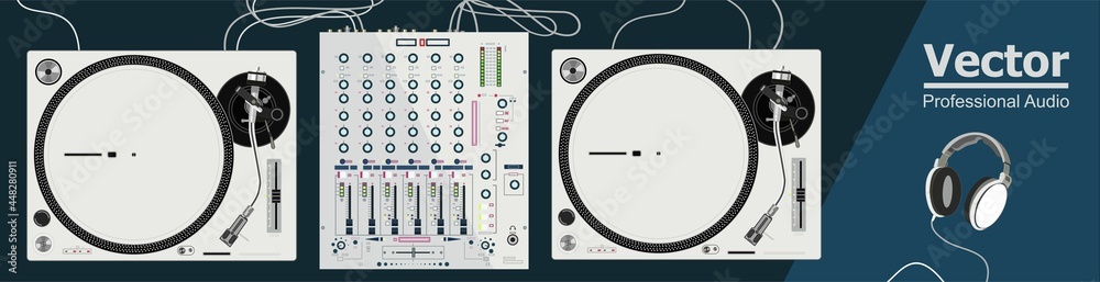 White vinyl DJ table. Realistic vector illustration. Two turntables ...