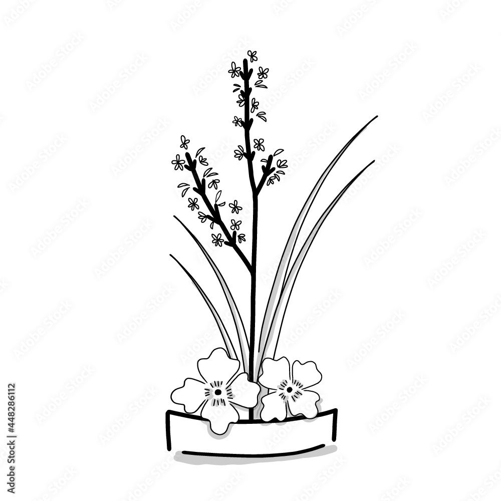 Japanese Ikebana illustration. Hand drawn sketch. Japanese plants and ...