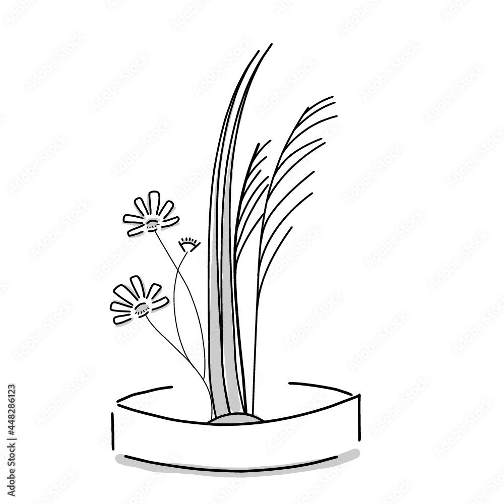 Japanese Ikebana illustration. Hand drawn sketch. Japanese plants and ...