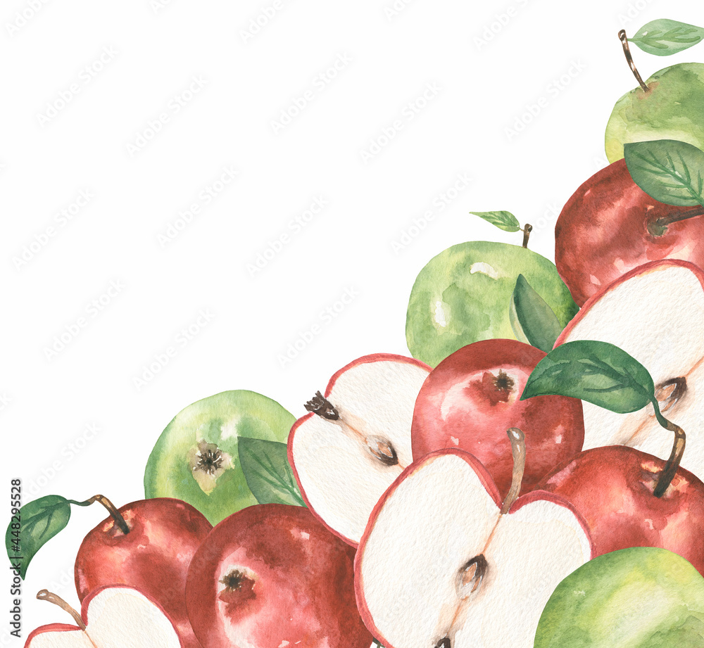 Apple Clipart, Watercolor Red and green Apple frame, Organic botanical ...
