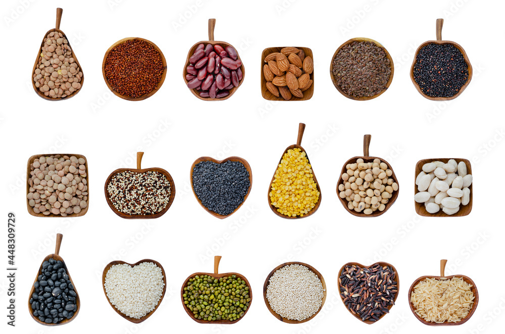 Collection of dry organic cereal and grain seed in fruit shape wooden ...