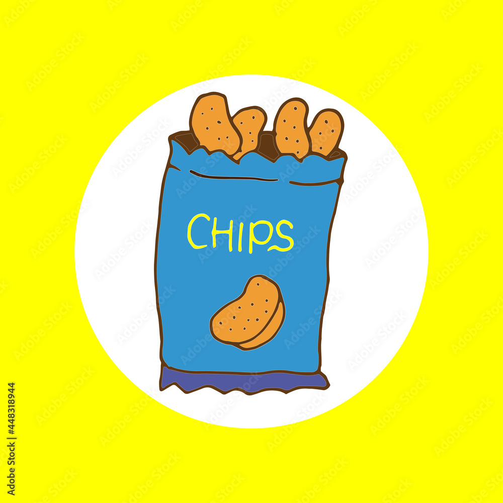 chips snack illustration. potato chips on the blue color package. hand ...