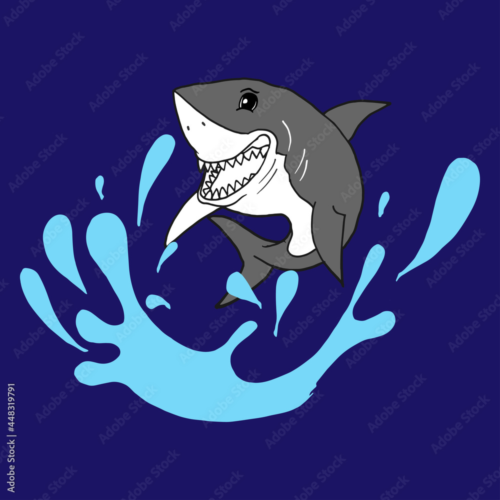 jumping shark in the water illustration on dark blue background. sea ...