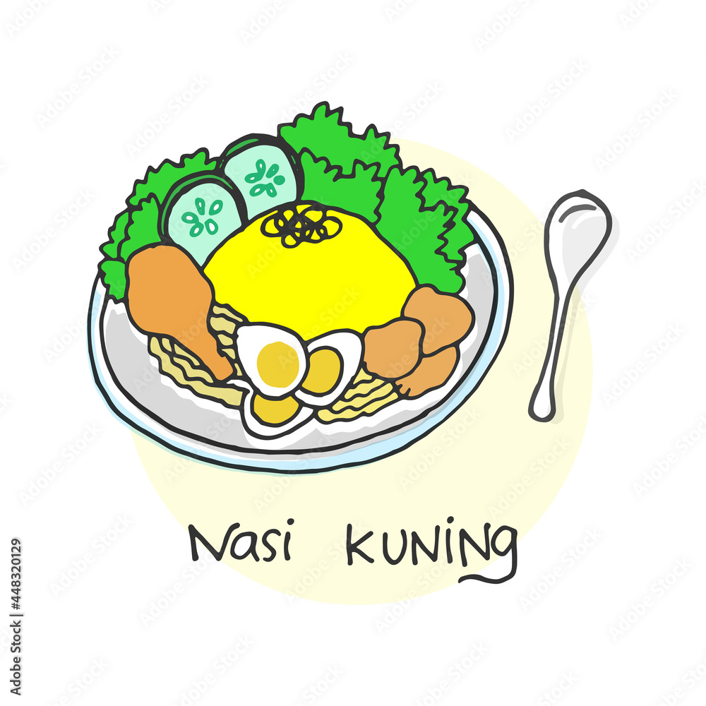 nasi kuning-hand drawn lettering. yellow rice illustration with spoon ...