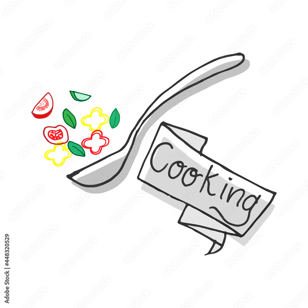 cooking-hand drawn lettering with spoon and organic vegetable slices ...