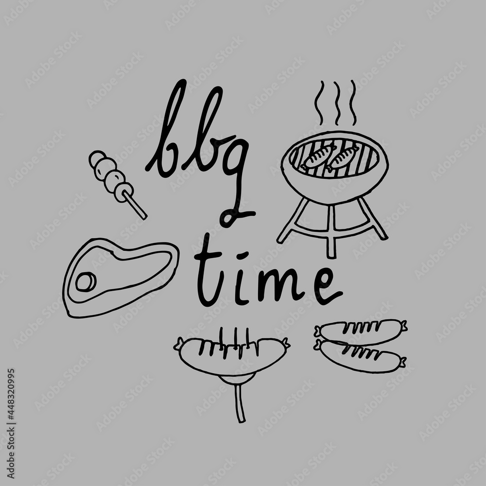 bbq time-hand drawn lettering with meat, fork, sausage, steak and grill ...